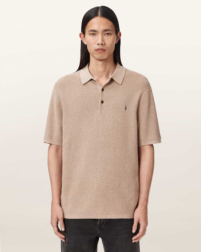 Aspen Waffle Texture Ramskull Polo Shirt MOON GREY | ALLSAINTS